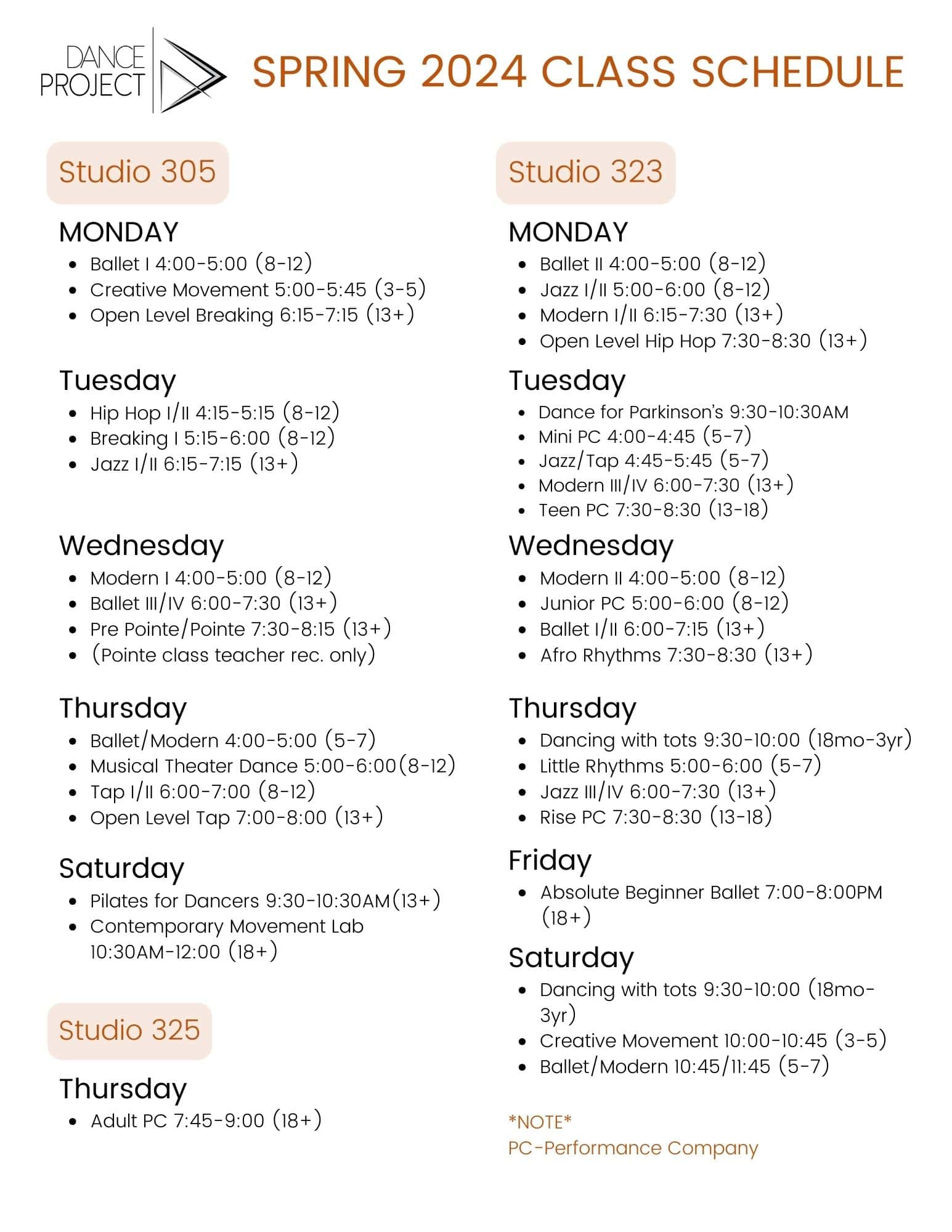 Class Schedule – Dance Project