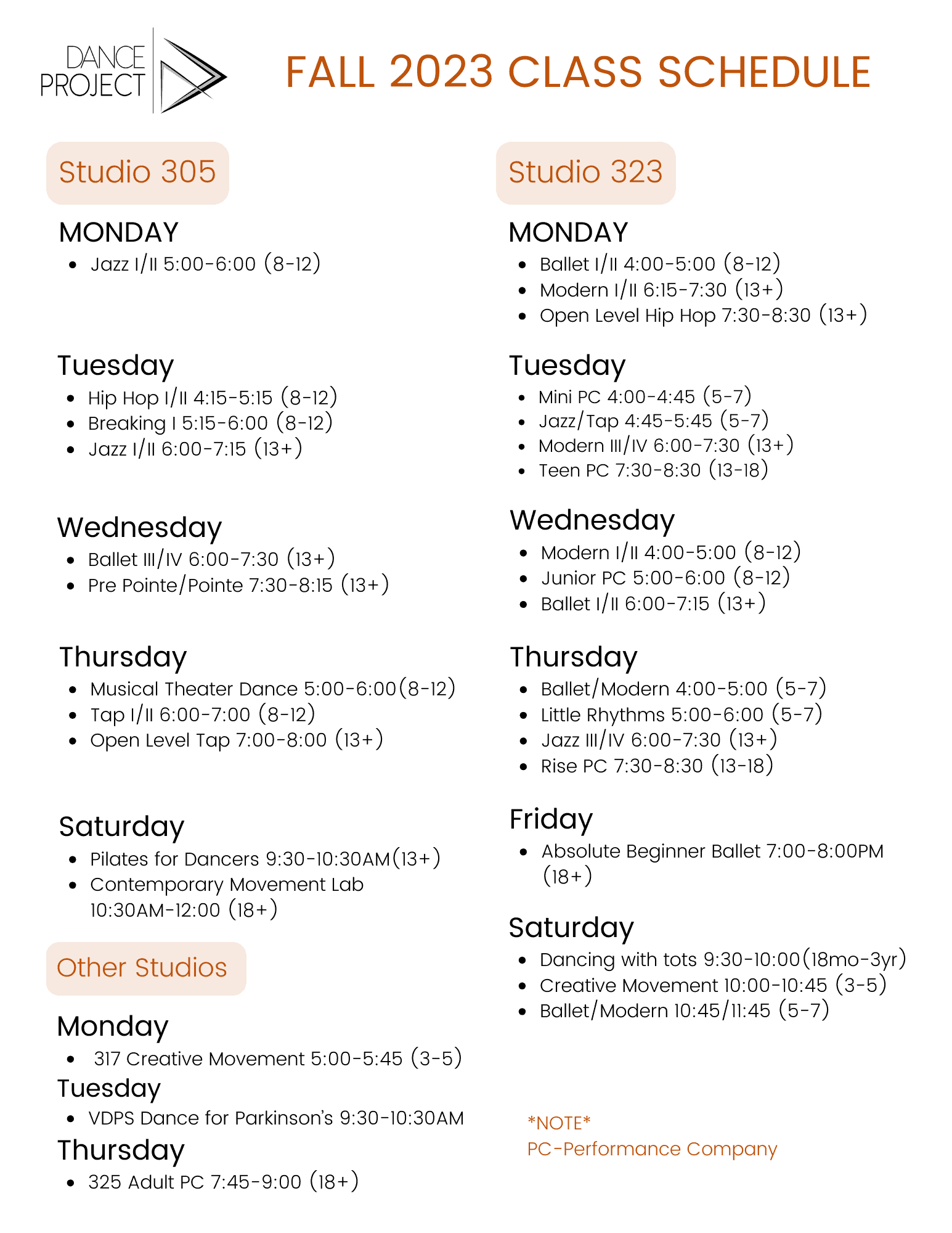 Class Schedule – Dance Project